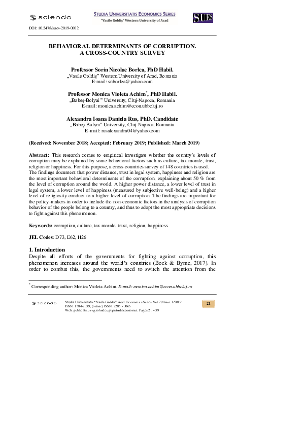 (PDF) Behavioral Determinants of Corruption. A Cross-Country Survey (PDF) Behavioral Determinants of Corruption. A Cross-Country Survey