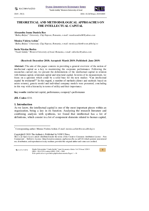 (PDF) Theoretical and Methodological Approaches on the Intellectual Capital