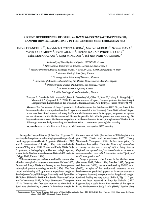 (PDF) Recent Occurrences of Opah, Lampris Guttatus (Actinopterygii ...