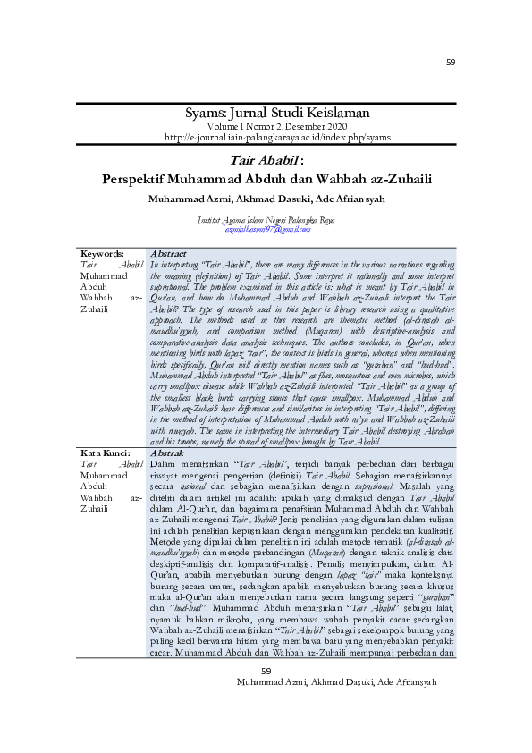 (PDF) Tair Ababil : Perspektif Muhammad Abduh dan Wahbah az-Zuhaili