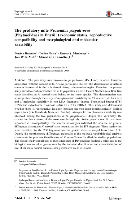 (PDF) The predatory mite Neoseiulus paspalivorus (Phytoseiidae) in ...