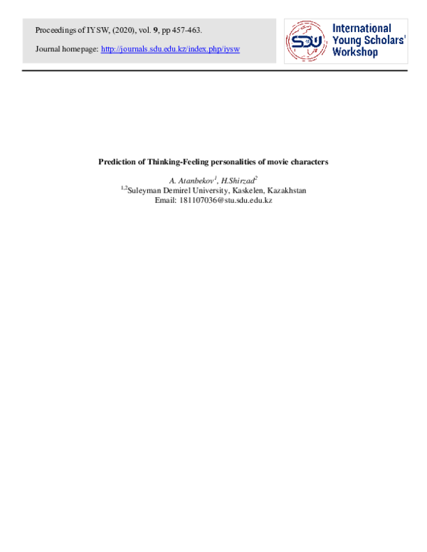 (PDF) Prediction of Thinking-Feeling personalities of movie characters ...