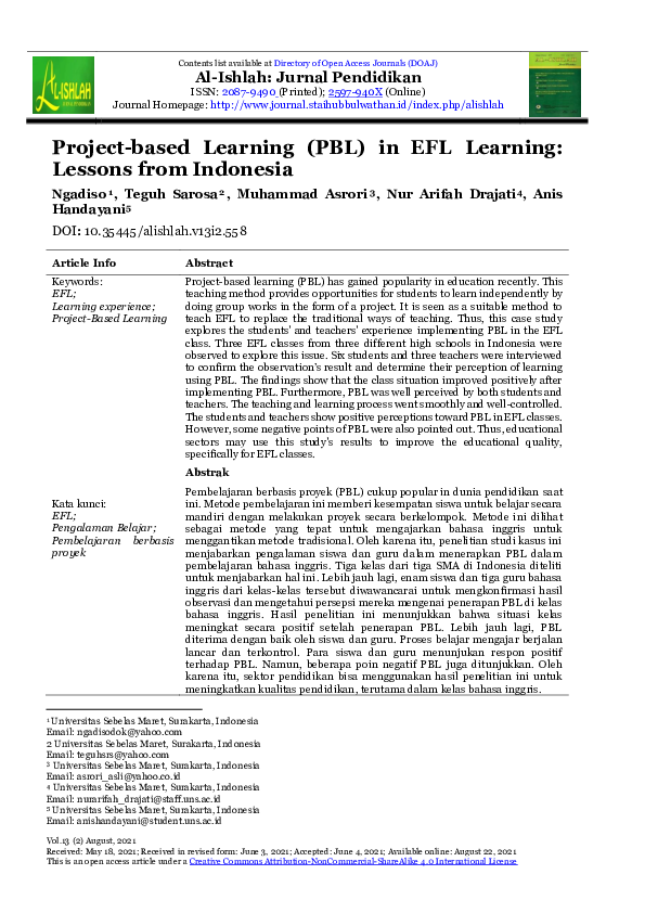 (PDF) Project-based Learning (PBL) in EFL learning: Lesson from Indonesia