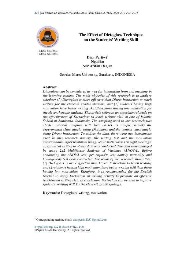 (PDF) The effect of Dictogloss Technique on the students’ writing skill