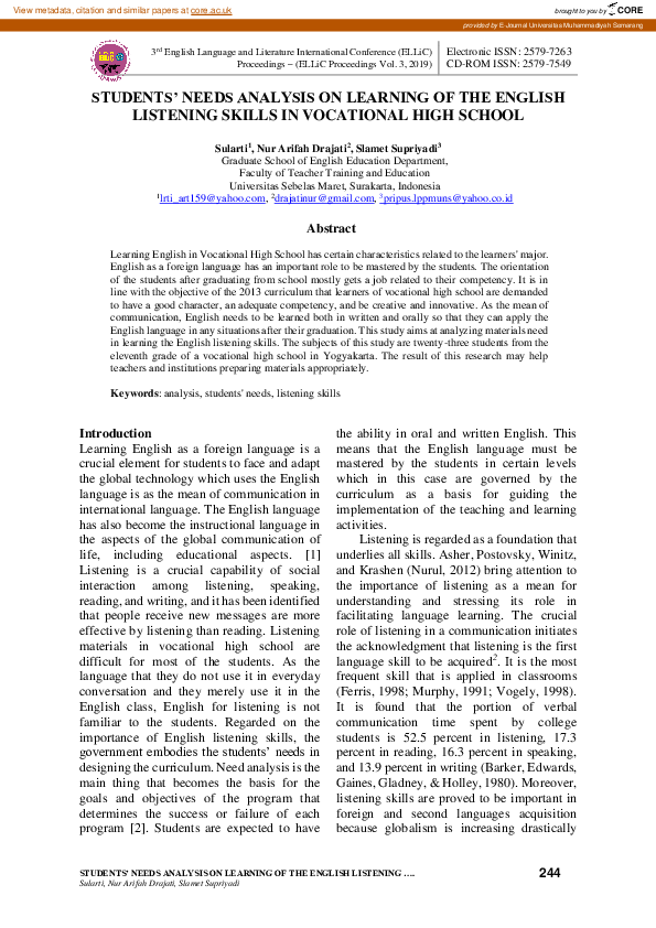 Students’ Needs Analysis on Learning of the English Listening Skills in Vocational High School