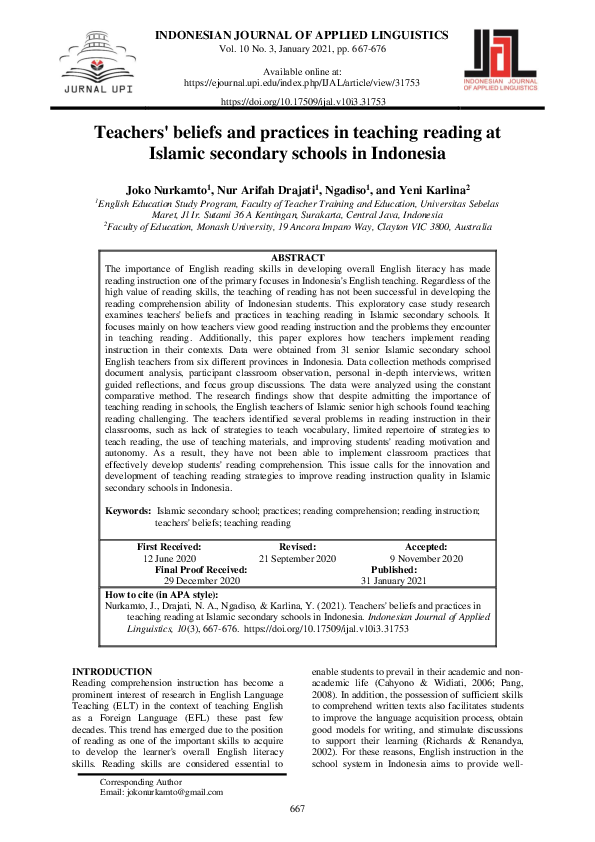 (PDF) Teachers' beliefs and practices in teaching reading at Islamic ...