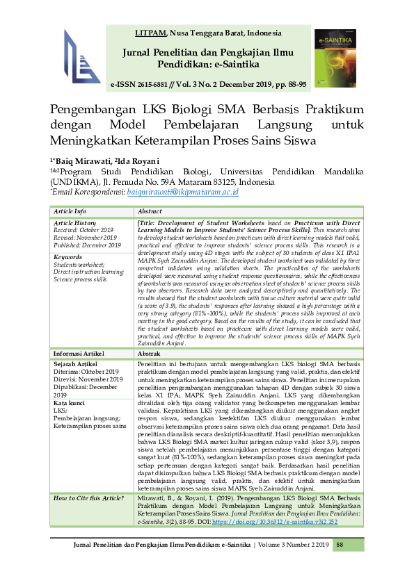 (PDF) Pengembangan LKS Biologi SMA Berbasis Praktikum dengan Model Pembelajaran Langsung untuk ...