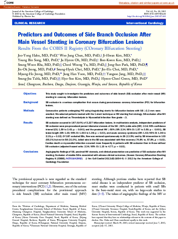 (PDF) Predictors and Outcomes of Side Branch Occlusion After Main ...