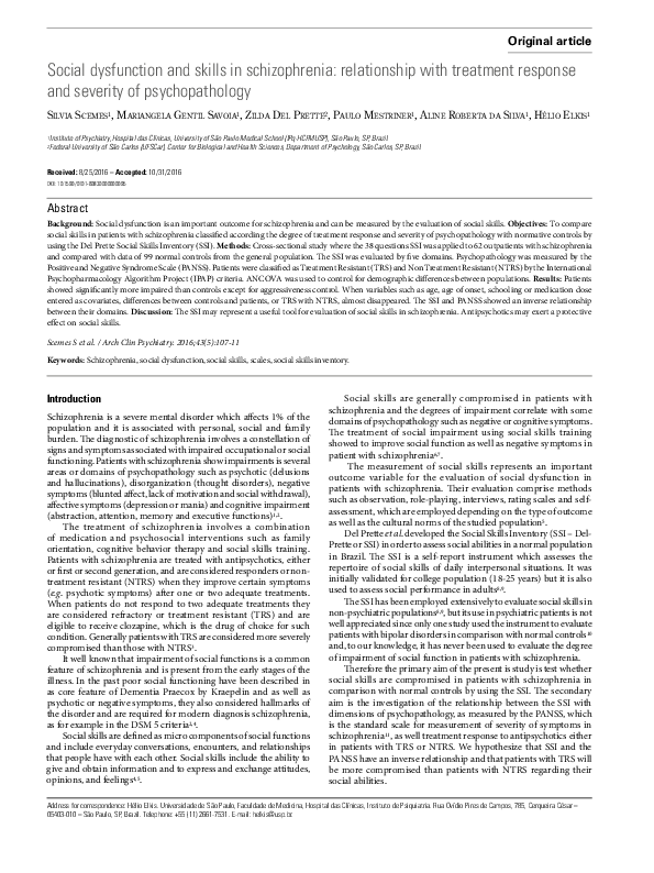 (PDF) Social dysfunction and skills in schizophrenia: relationship with ...
