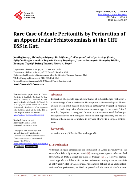(PDF) Rare Case of Acute Peritonitis by Perforation of an Appendicular Schistosomiasis at the ...