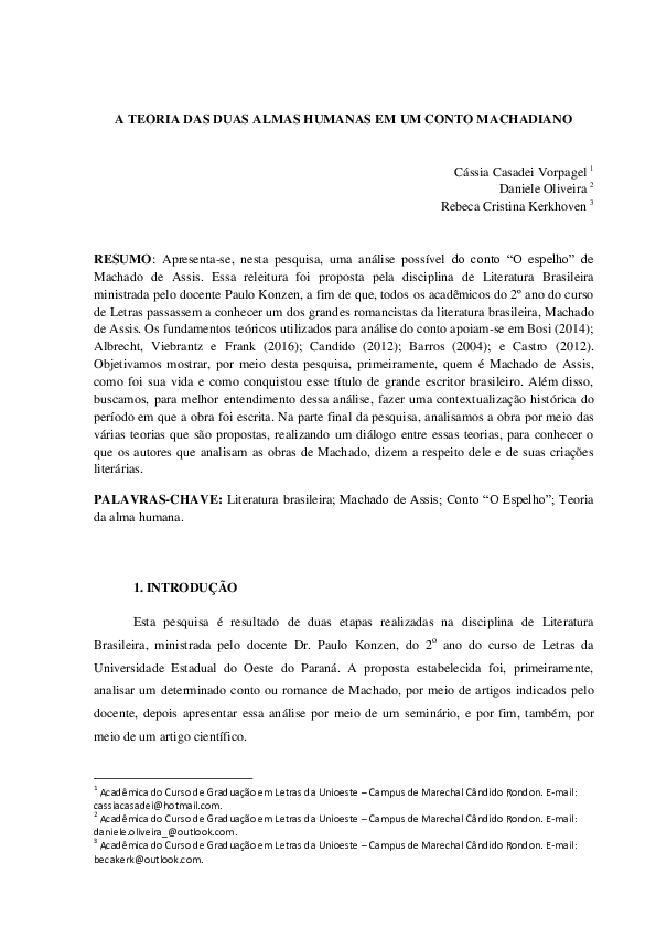 (PDF) A Teoria Das Duas Almas Humanas Em Um Conto Machadiano