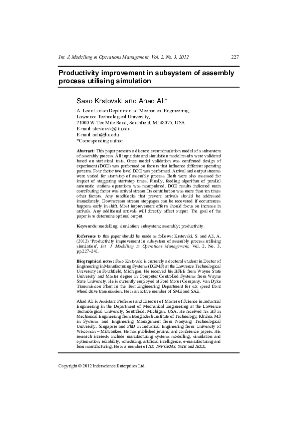Productivity improvement in subsystem of assembly process utilising ...