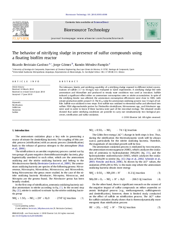 (PDF) The behavior of nitrifying sludge in presence of sulfur compounds ...