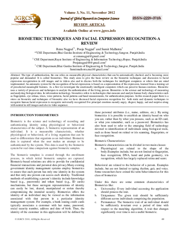 (PDF) Biometric Techniques and Facial Expression Recognition-A Review