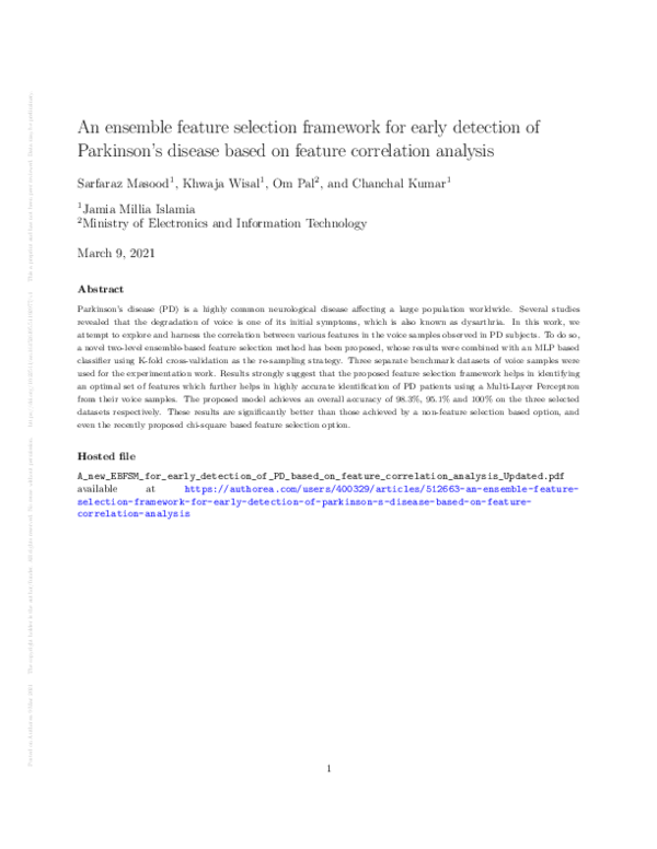(PDF) An ensemble feature selection framework for early detection of Parkinson's disease based ...