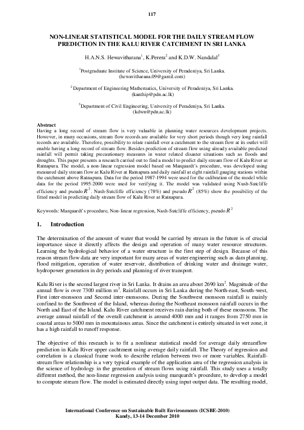 Pdf Non Linear Statistical Model For The Daily Stream Flow Prediction In The Kalu River