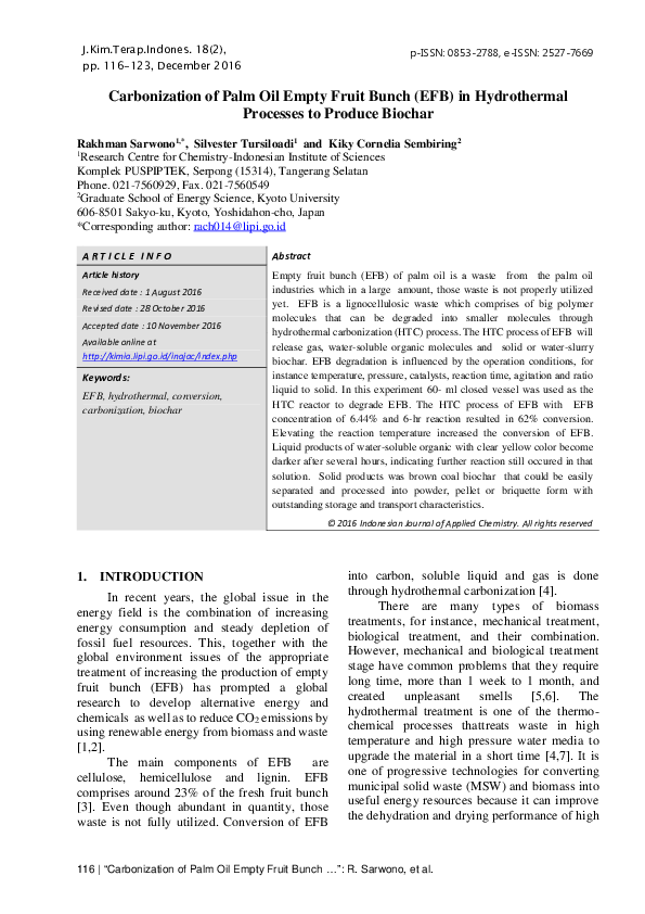 (PDF) Carbonization of Palm Oil Empty Fruit Bunch (EFB) in Hydrothermal ...