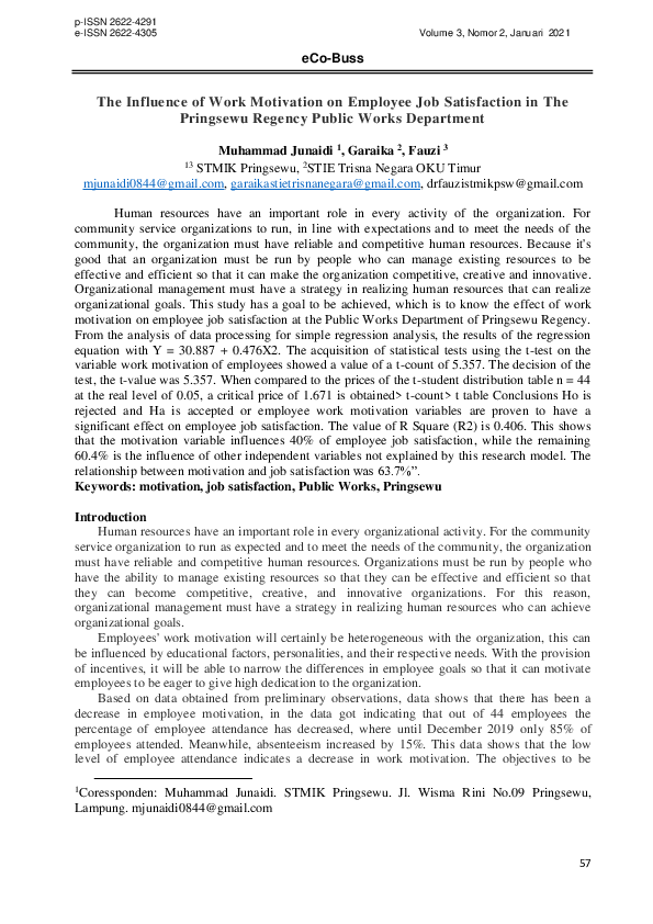 (PDF) The Influence of Work Motivation on Employee Job Satisfaction in The Pringsewu Regency ...