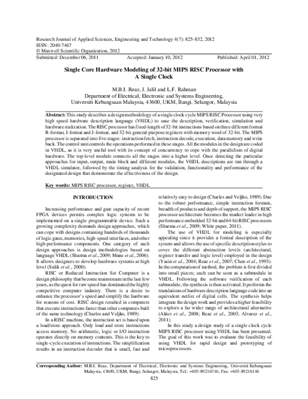 Pdf Single Core Hardware Modeling Of 32 Bit Mips Risc Processor With