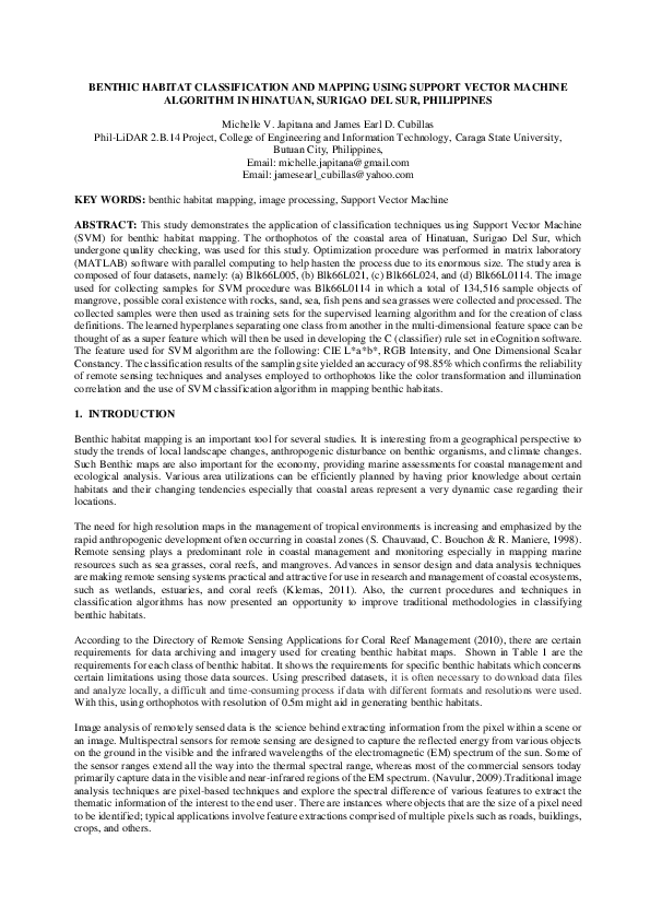 Pdf Benthic Habitat Classification And Mapping Using Support Vector Machine Algorithm In