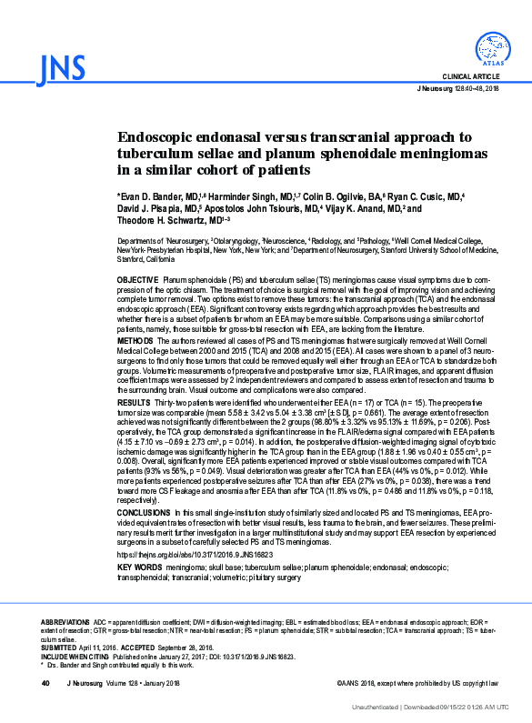 (PDF) Endoscopic endonasal versus transcranial approach to tuberculum ...