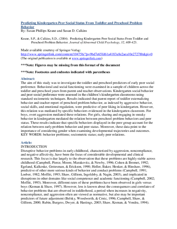 (PDF) Predicting Kindergarten Peer Social Status from Toddler and ...