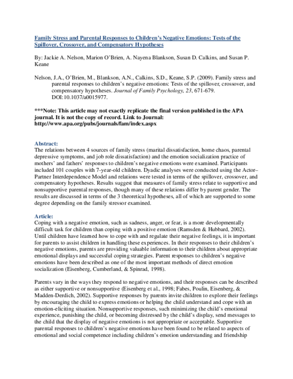 (PDF) Family stress and parental responses to children’s negative ... (PDF) Family stress and parental responses to children’s negative ...