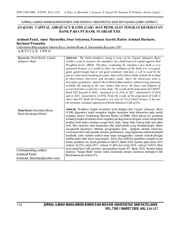 (PDF) Analisis Capital Adequacy Ratio (Car) Dan Penilaian Tingkat Kesehatan Bank Pada PT Bank ...