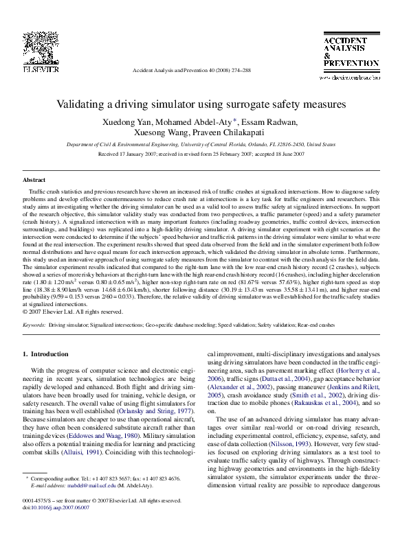 (PDF) Validating a driving simulator using surrogate safety measures