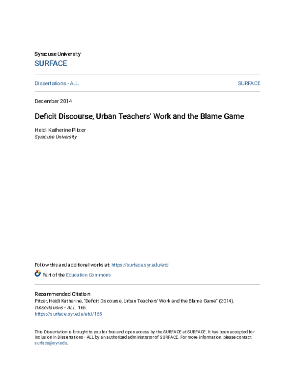 (PDF) Deficit Discourse, Urban Teachers' Work and the Blame Game