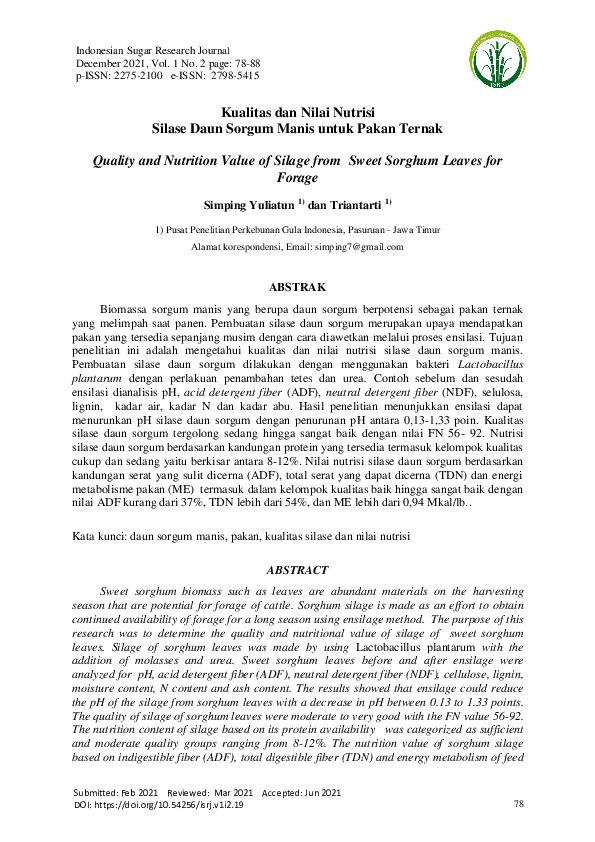 (PDF) Kualitas dan Nilai Nutrisi Silase Daun Sorgum Manis untuk Pakan Ternak