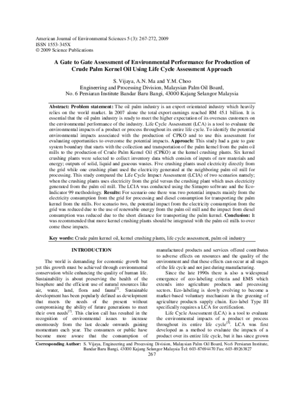 (PDF) A Gate to Gate Assessment of Environmental Performance for Production of Crude Palm Kernel ...