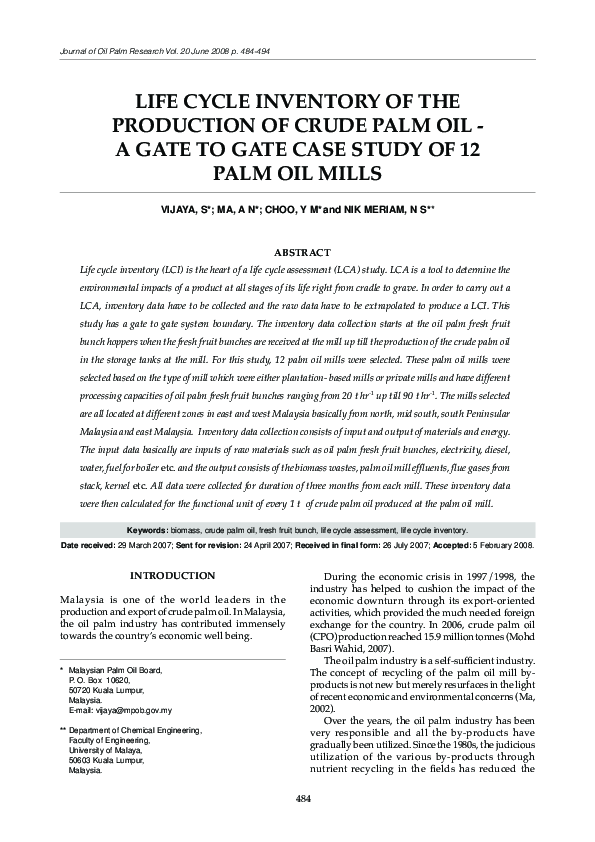 (PDF) Life cycle inventory of the production of crude palm oil - A gate ...