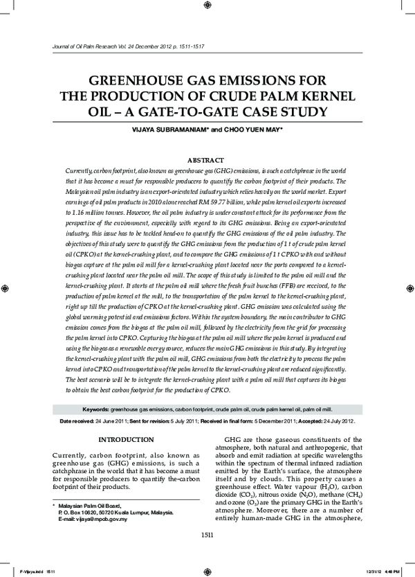 (PDF) Greenhouse gas emissions for the production of crude palm kernel ...