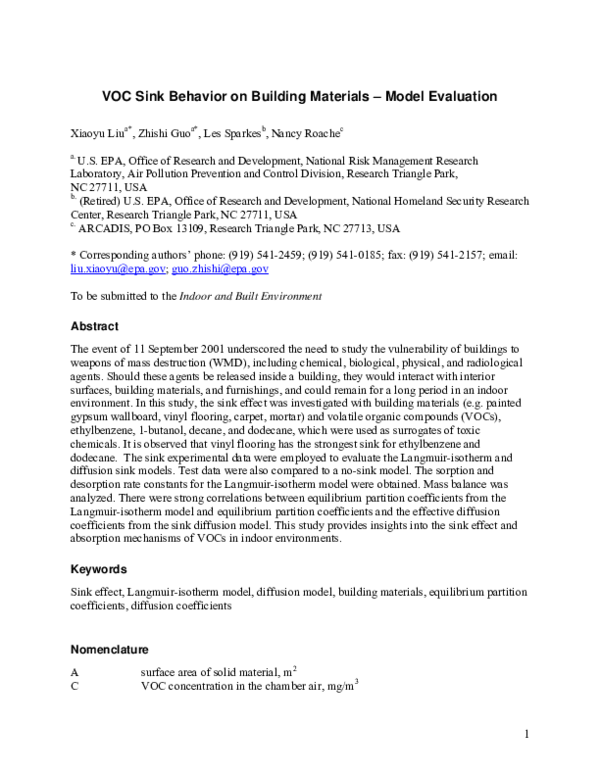 (PDF) VOC Sink Behaviour on Building Materials - Model Evaluation