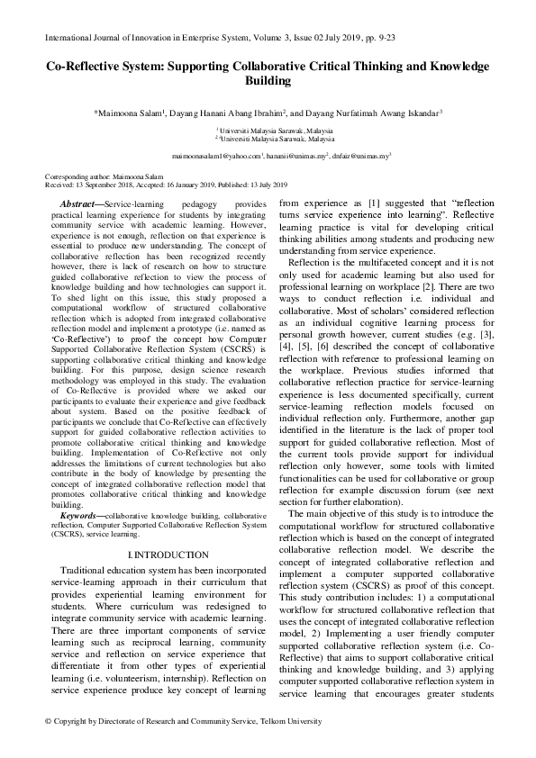 (PDF) Co-Reflective System: Supporting Collaborative Critical Thinking and Knowledge Building