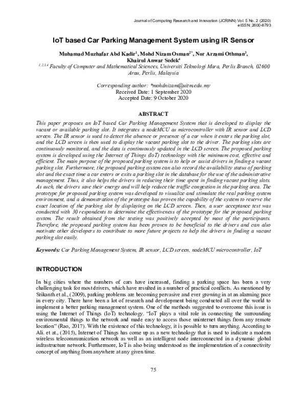 (PDF) IoT based Car Parking Management System using IR Sensor