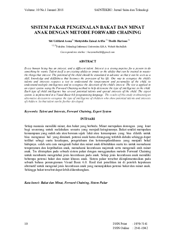 (PDF) Sistem Pakar Pengenalan Bakat Dan Minat Anak Dengan Metode Forward Chaining