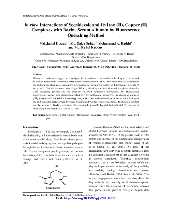 (PDF) In vitro Interactions of Secnidazole and Its Iron (II), Copper (II) Complexes with Bovine ...