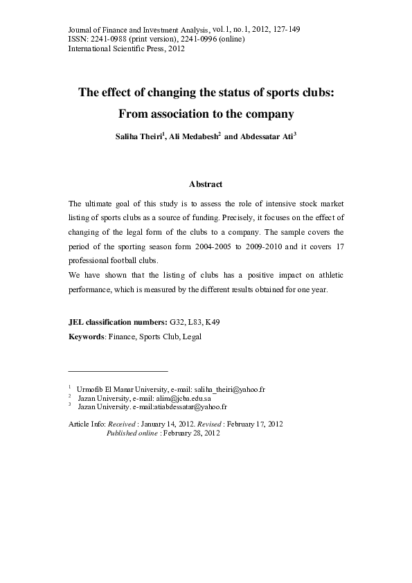 (PDF) The effect of changing the status of sports clubs: From ...
