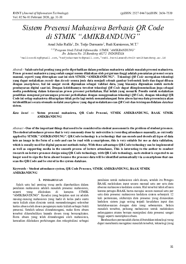 (PDF) QR Code-based Student Attendance System in STMIK (PDF) QR Code-based Student Attendance System in STMIK