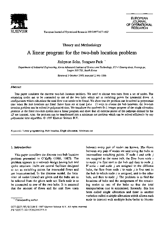(PDF) A linear program for the two-hub location problem