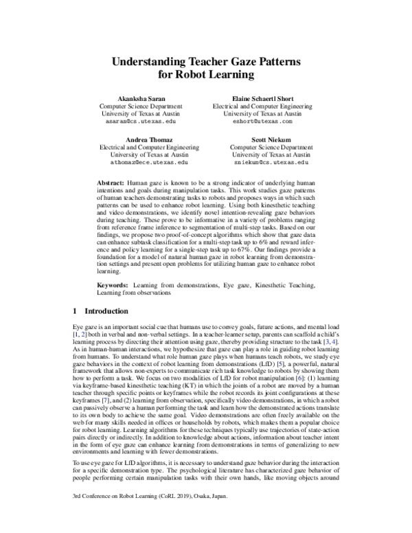 (PDF) Understanding Teacher Gaze Patterns for Robot Learning