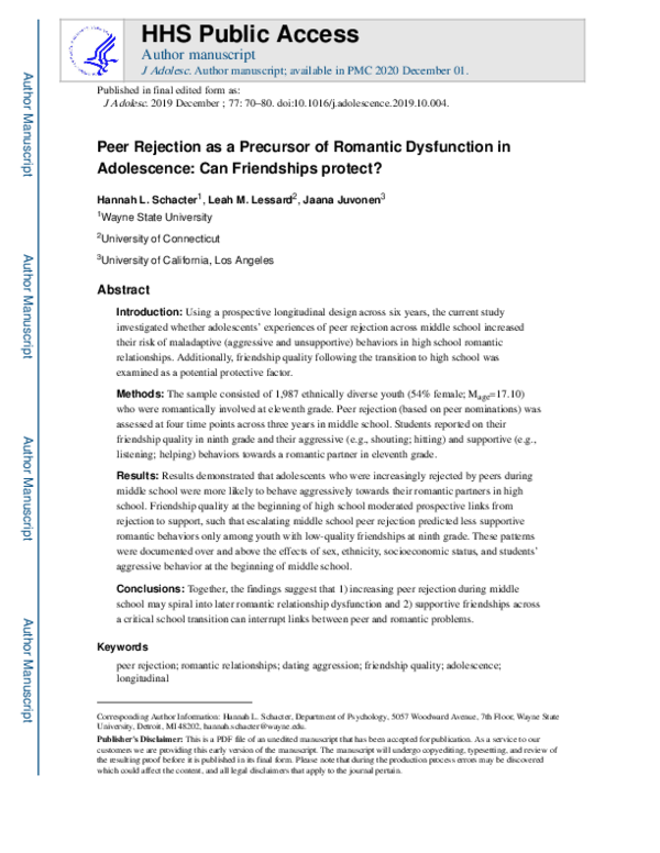 (PDF) Peer rejection as a precursor of romantic dysfunction in ...