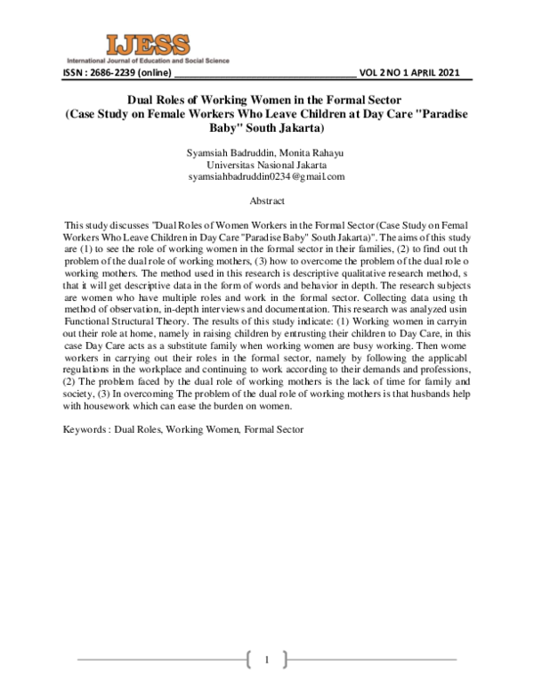 (PDF) Dual Roles of Working Women in the Formal Sector (Case Study on Female Workers Who Leave ...