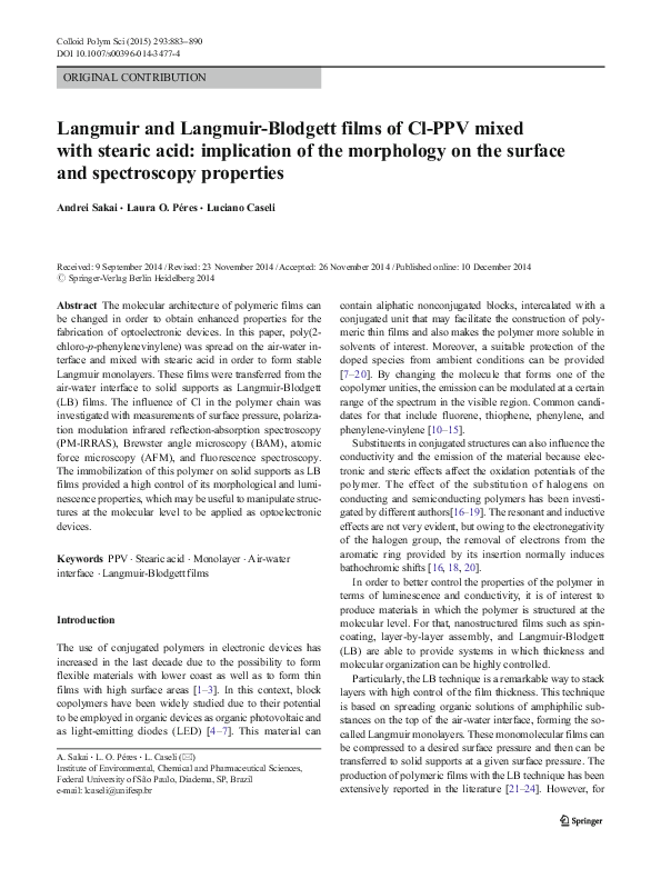 (PDF) Langmuir and Langmuir-Blodgett films of Cl-PPV mixed with stearic acid: implication of the ...