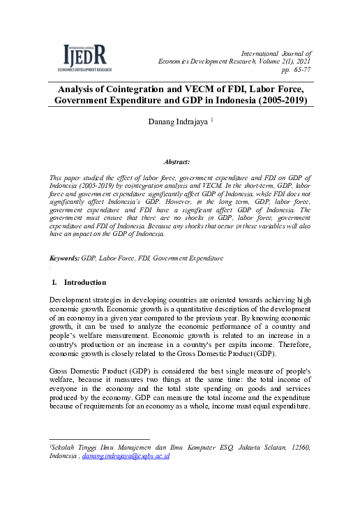 (PDF) Analysis of Cointegration and VECM of FDI, Labor Force, Government Expenditure and GDP in ...