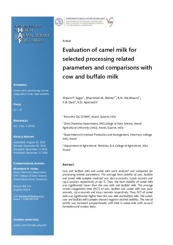 (PDF) Evaluation of camel milk for selected processing related ...