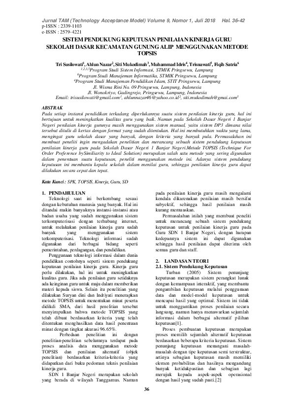 (PDF) Sistem Pendukung Keputusan Penilaian Kinerja Guru Sekolah Dasar Kecamatan Gunung Alip ...
