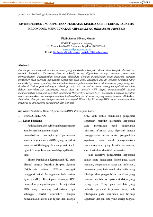 (PDF) Sistem Pendukung Keputusan Penilaian Kinerja Guru Terbaik Pada Min Kedondong Menggunakan ...